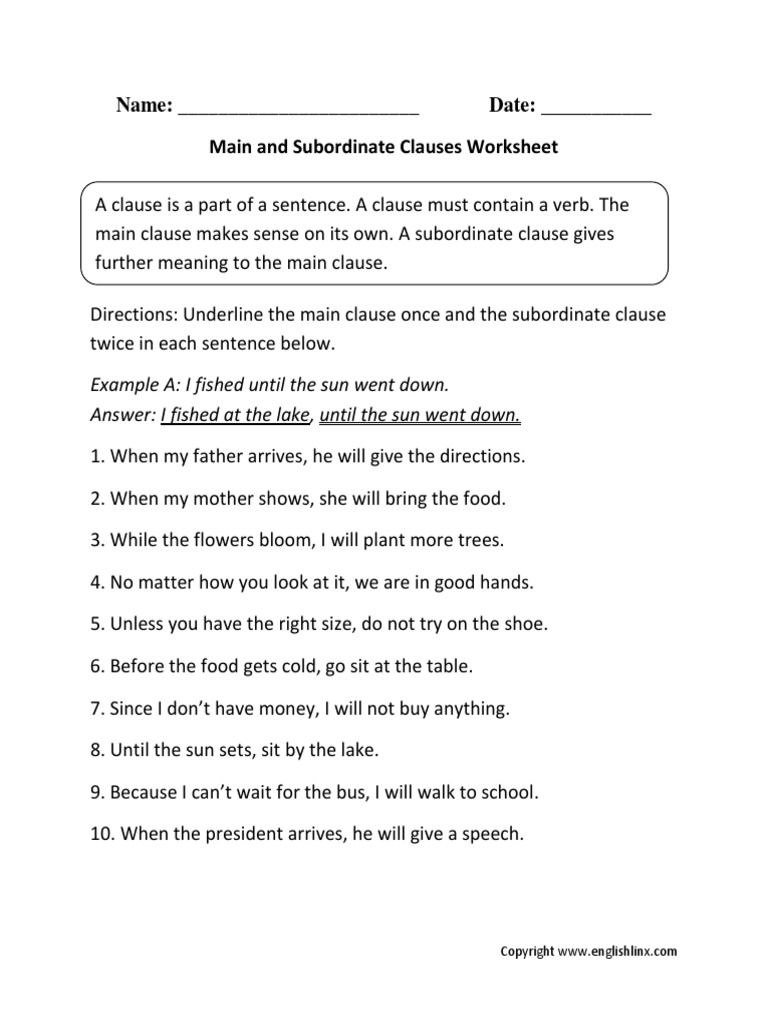 Name: - Date: - Main and Subordinate Clauses Worksheet | PDF | Home ...