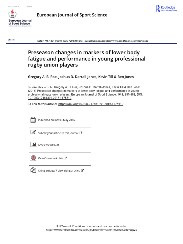 Roe Et Al. (2016) - Preseason Changes in Markers of Lower Body Fatigue ...