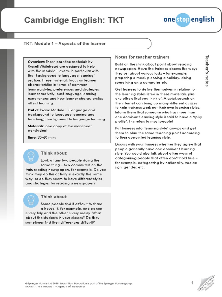 Cambridge English: TKT: TKT: Module 1 - Aspects of The Learner | PDF ...