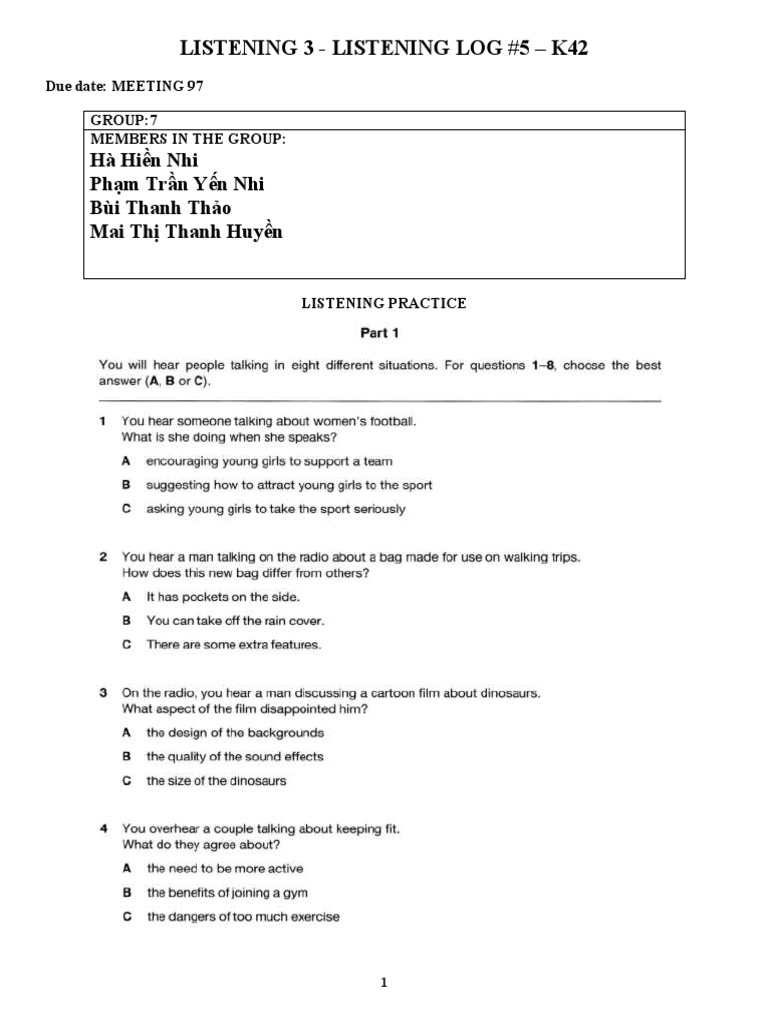 Listening Log5 Group 7 AVK42D | PDF | Question