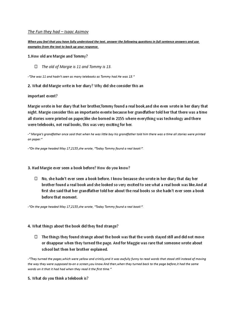 The Fun They Had - Isaac Asimov: 1.how Old Are Margie and Tommy? | PDF ...