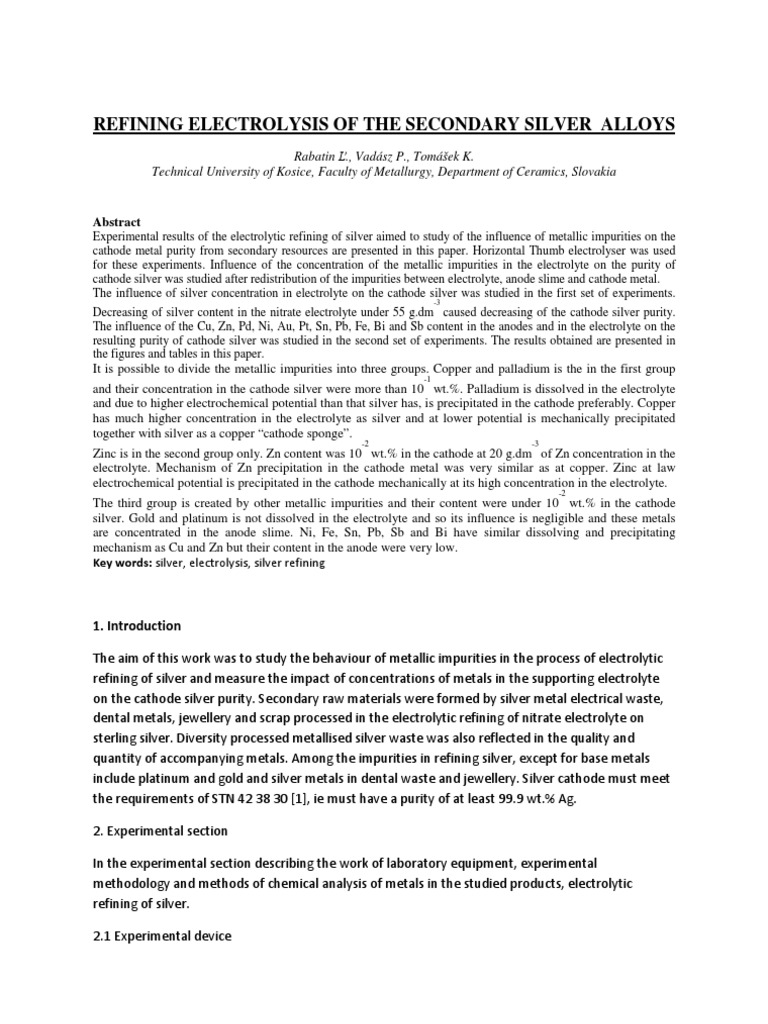Refining Electrolysis of The Secondary Silver Alloys | PDF | Silver | Anode