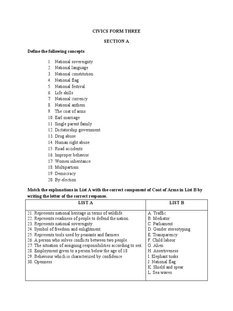 Civics Form Three Section A Define The Following Concepts | PDF ...