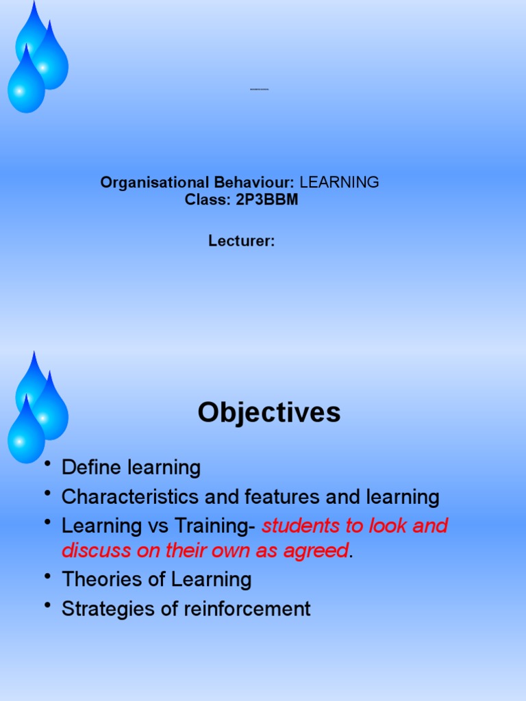Organisational Behaviour: LEARNING Class: 2P3BBM Lecturer:: Business School | PDF ...
