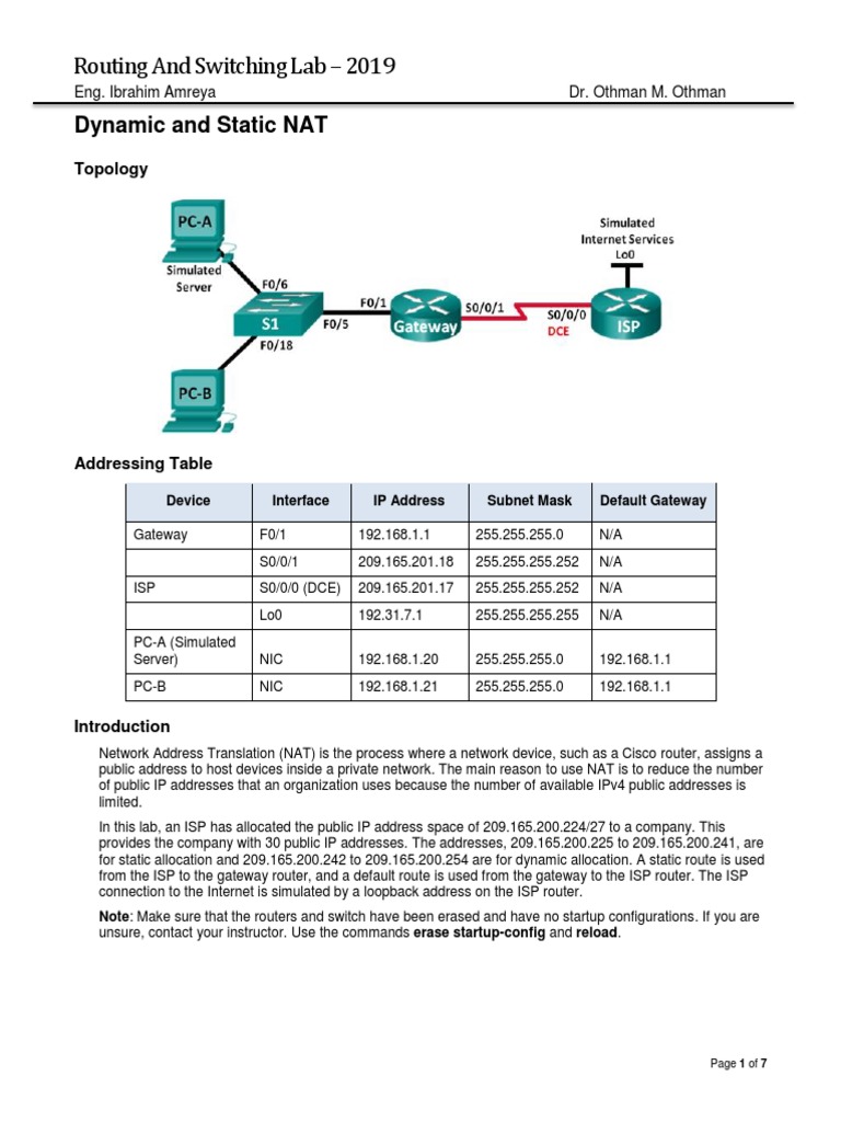 Routing and Switching Lab - 2019: Dynamic and Static NAT | PDF | Ip Address | Router (Computing)