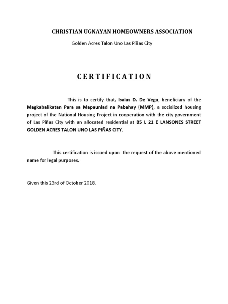 Certification: Christian Ugnayan Homeowners Association | PDF