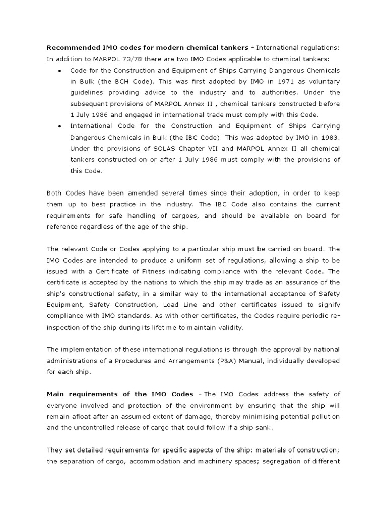 Recommended IMO Codes For Modern Chemical Tankers - International ...