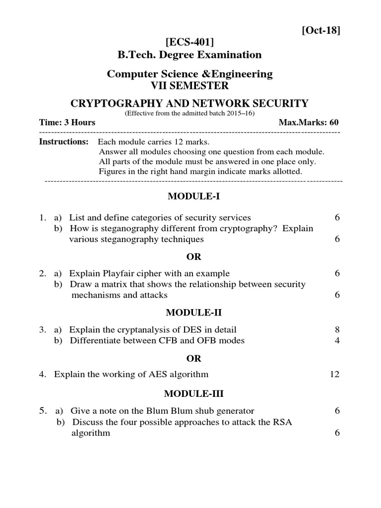 B.Tech. Degree Examination Computer Science &engineering: (Oct-18) (ECS-401) | PDF ...