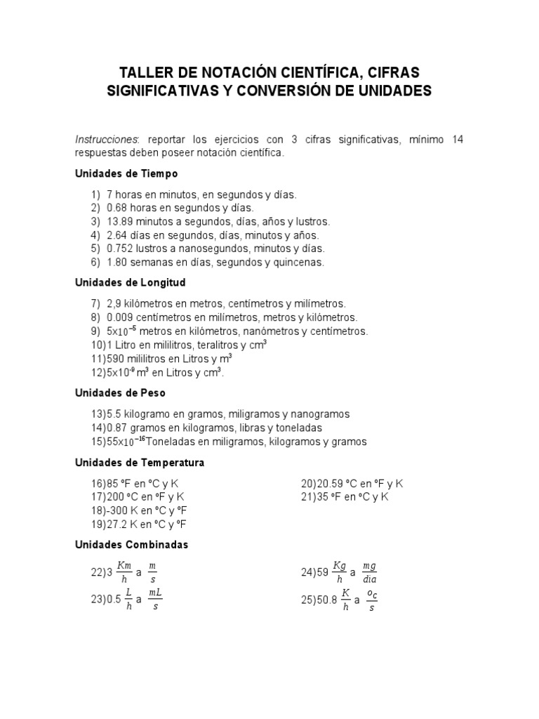 Taller De Conversión Y Notación Científica Pdf Litro Densidad