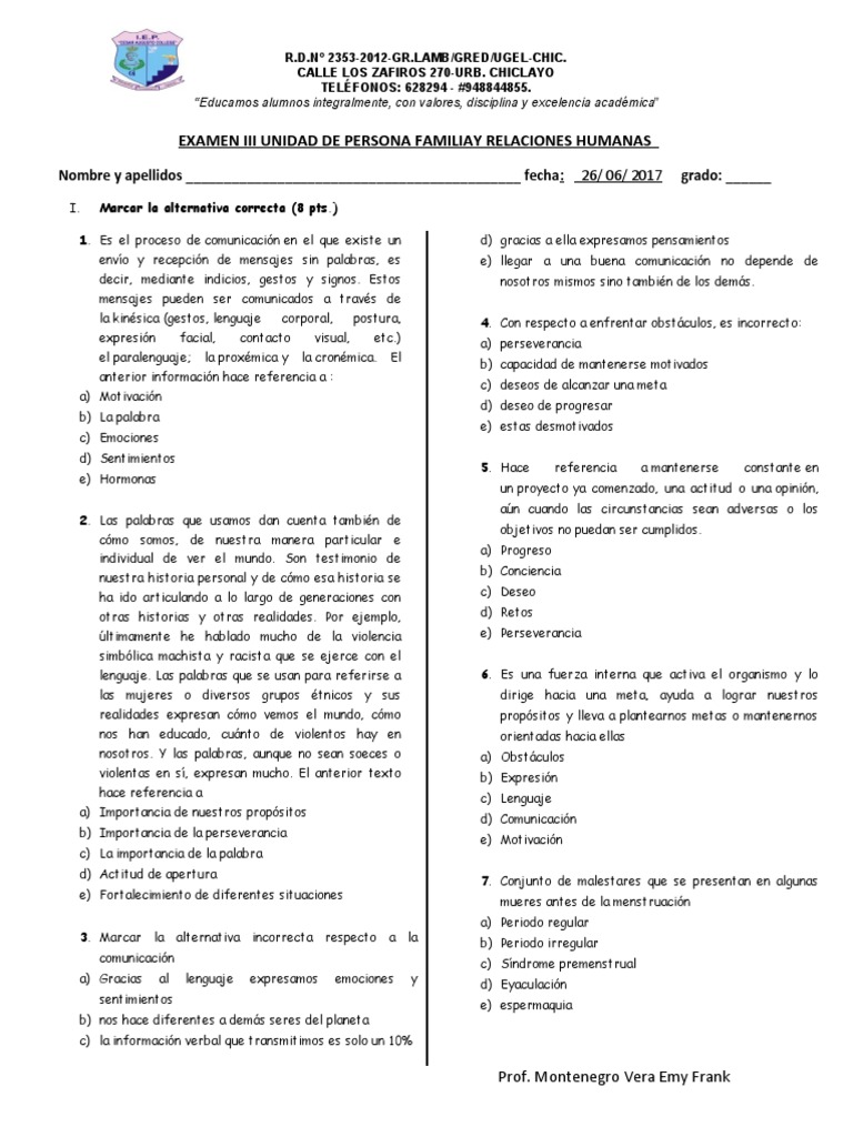 Examen de Comunicación y Relaciones Humanas | PDF | Comunicación ...