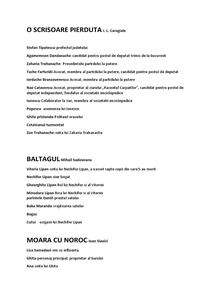 Personaje Opere Bacalaureat Română | PDF