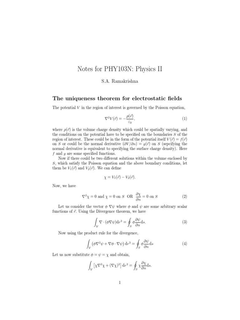 Notes For PHY103N: Physics II: The Uniqueness Theorem For Electrostatic ...
