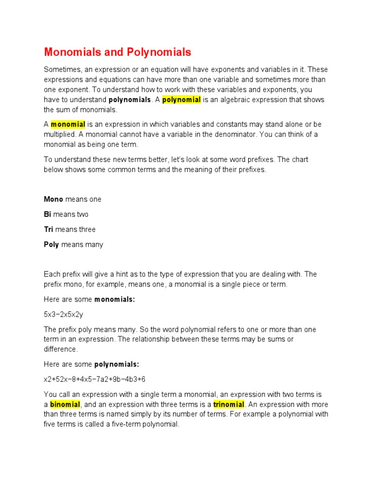 Monomials and Polynomials: Mono Means One Bi Means Two Tri Means Three ...