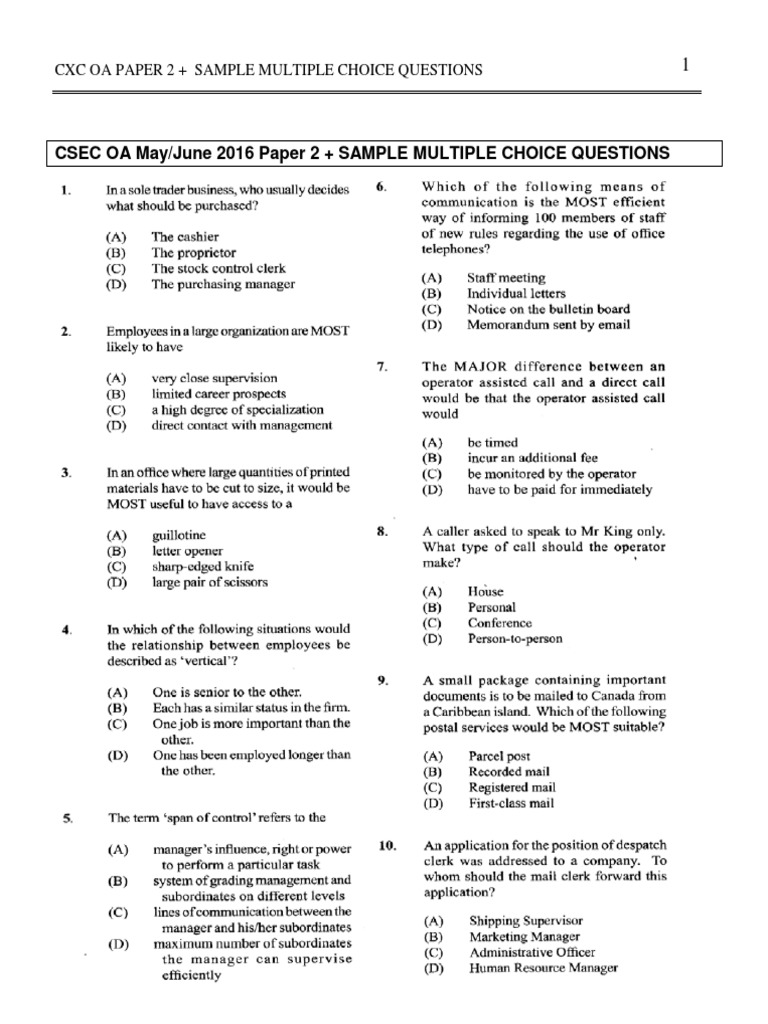 Csec Oa May/June 2016 Paper 2 + Sample Multiple Choice Questions | PDF