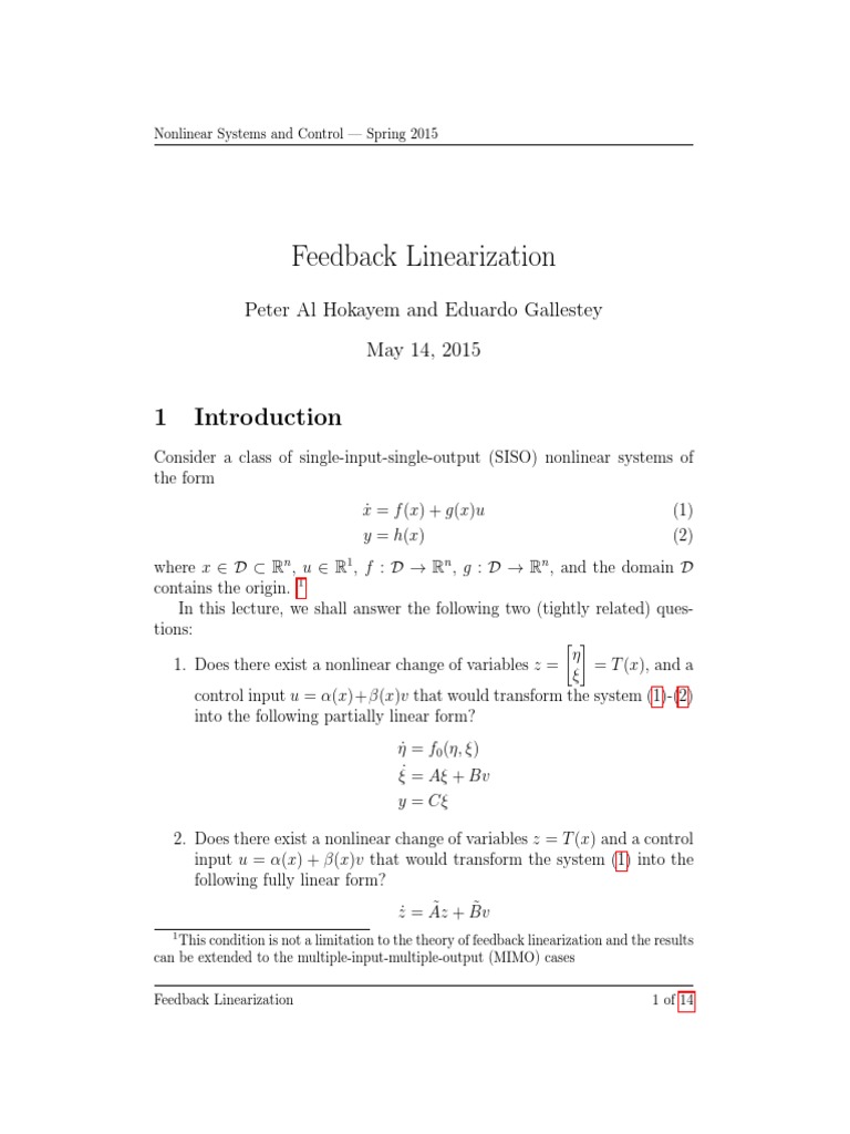 Feedback Linearization: Peter Al Hokayem and Eduardo Gallestey May 14, 2015 | Download Free PDF ...