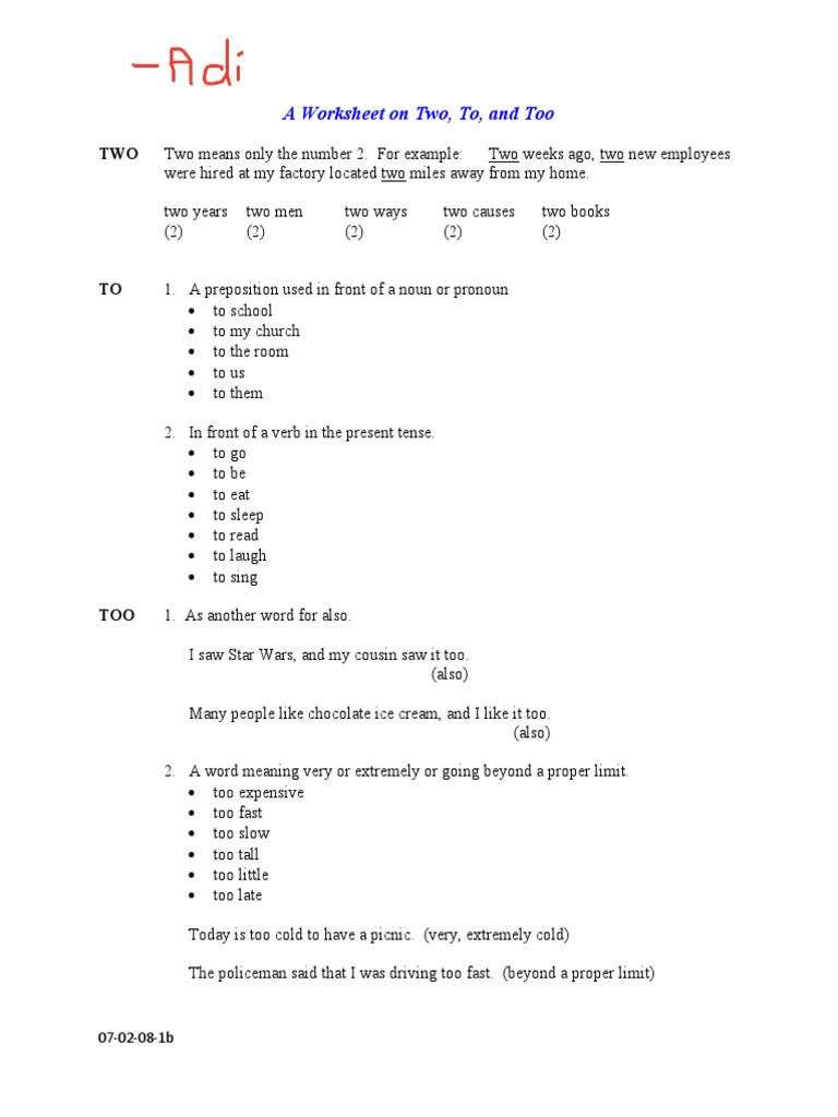 A Worksheet On Two, To, and Too: TWO Two Means Only The Number 2. For ...