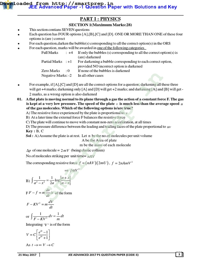 JEE Advanced 2017 Paper 1 Question Paper With Solutions and Answer Key ...