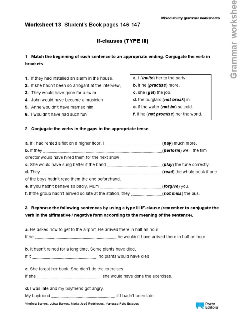 Worksheet 13 Student's Book Pages 146-147 If-Clauses (TYPE III) | PDF ...
