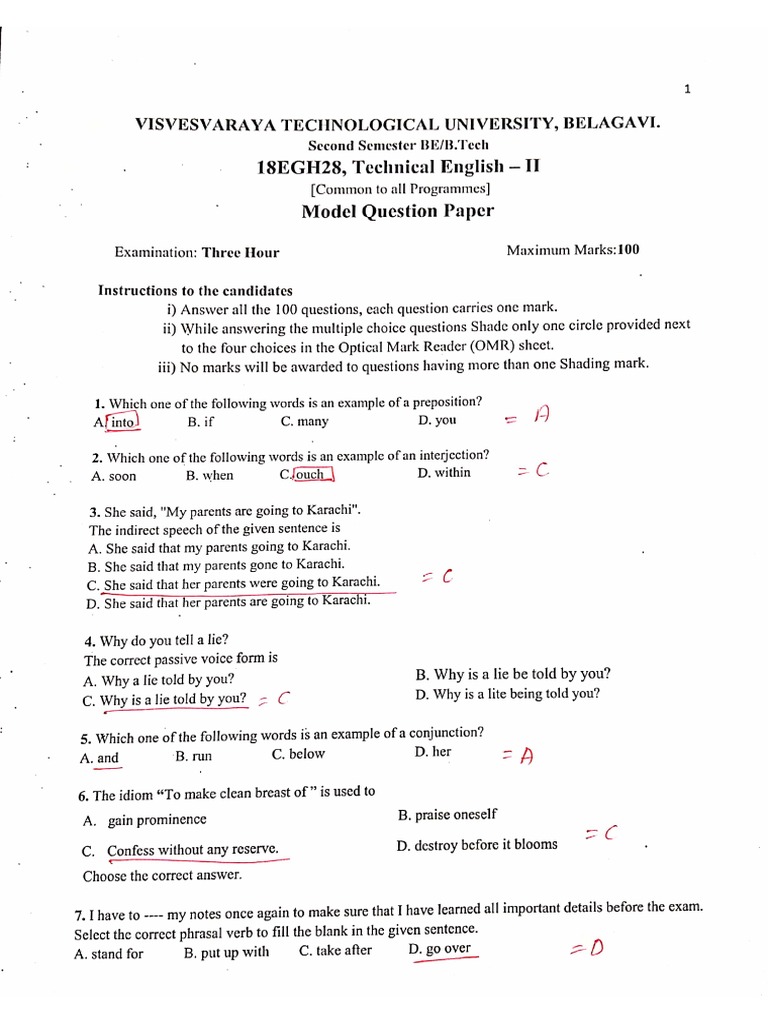 English Sample Paper Vtu | PDF