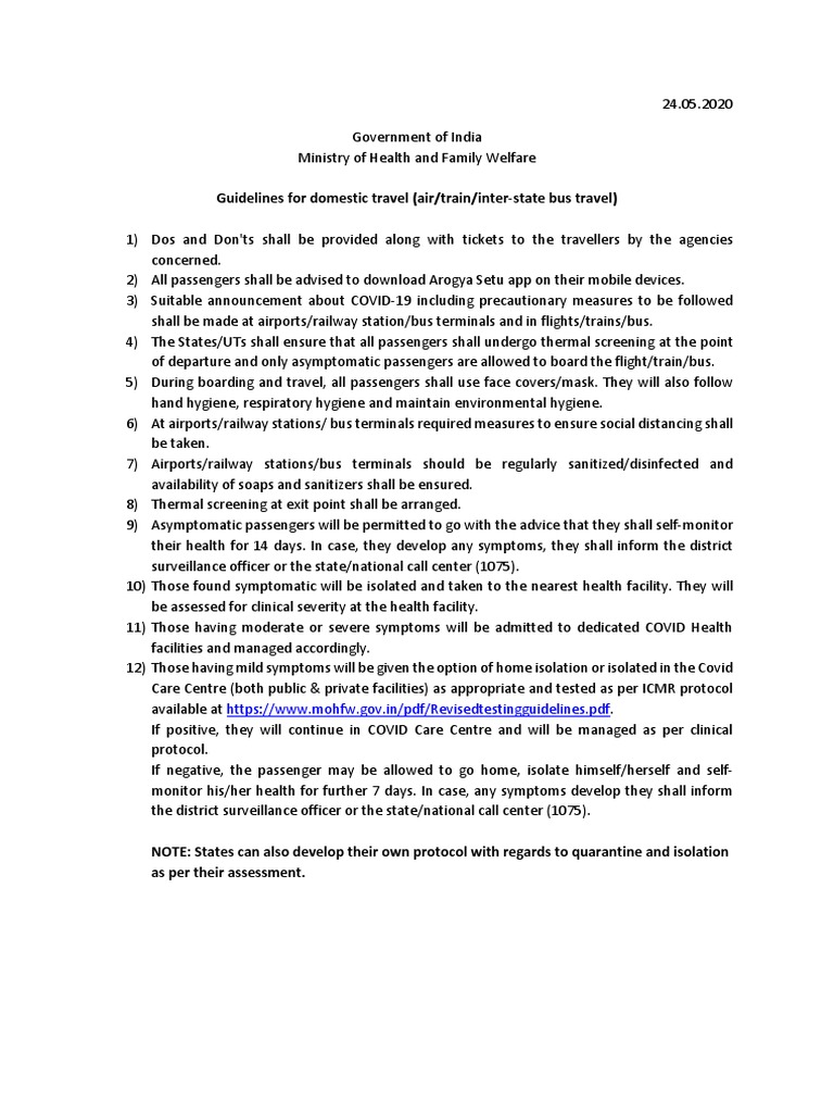 COVID-19 Travel Guidelines India | PDF | Hygiene | Health Sciences