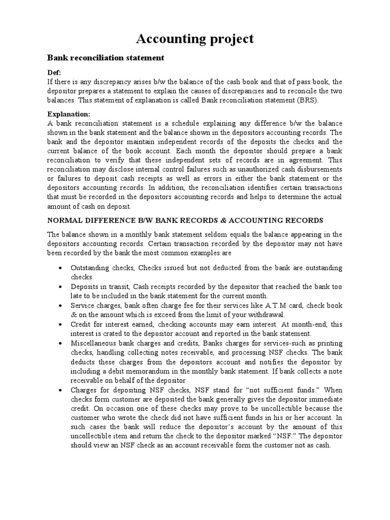 Accounting Project: Bank Reconciliation Statement | PDF | Deposit ...
