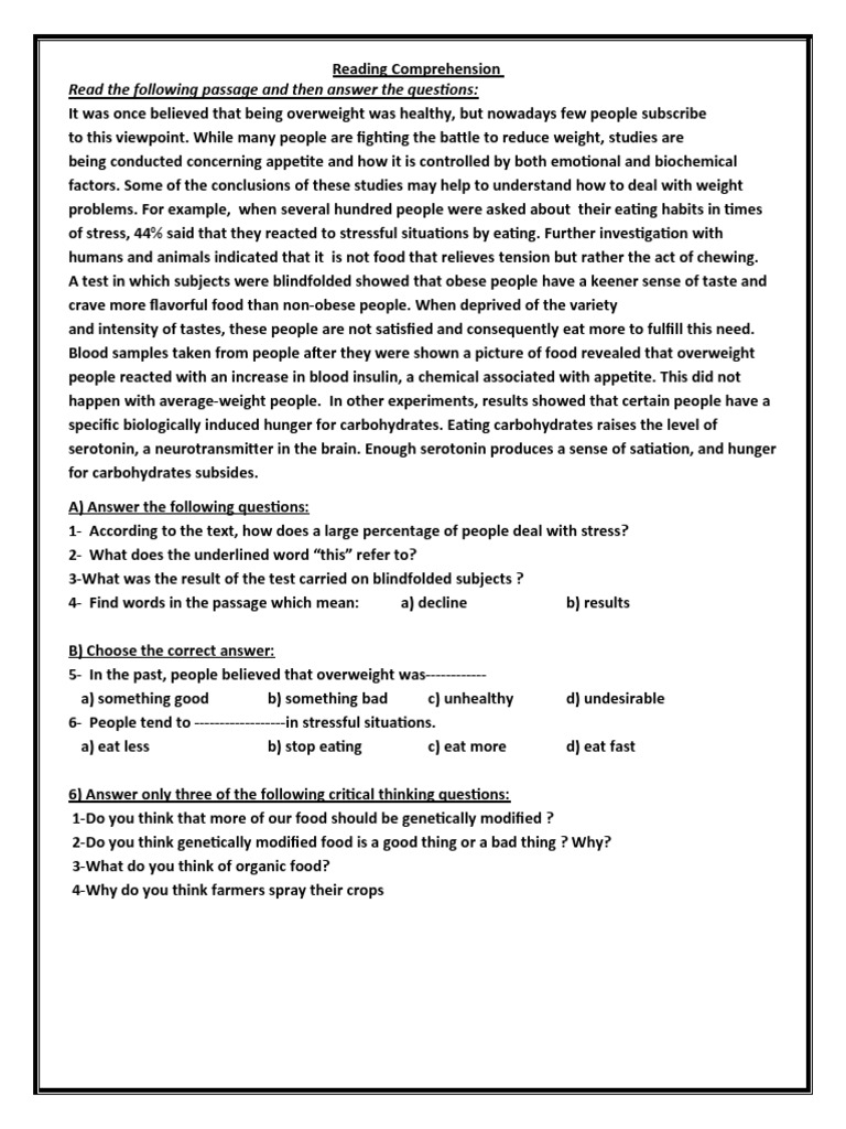 Reading Comprehension: Weight, Appetite, Stress | PDF | Appetite | Obesity