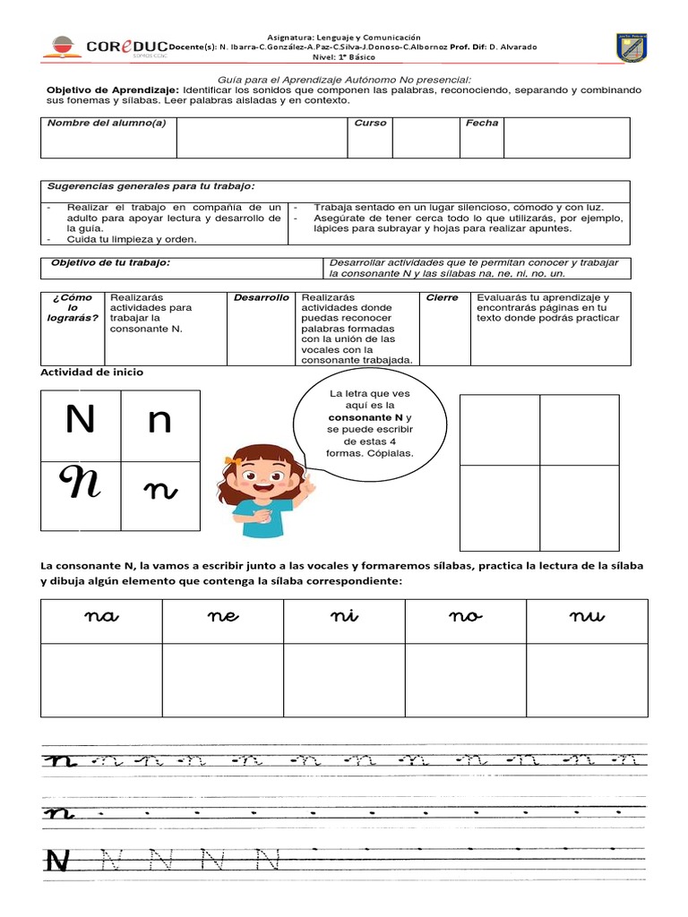 Guía Consonante N 1° Básico | PDF | Sílaba | Comunicación humana