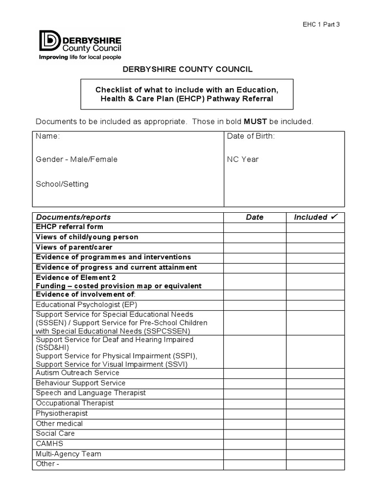 Derbyshire County Council Checklist of What To Include With An ...