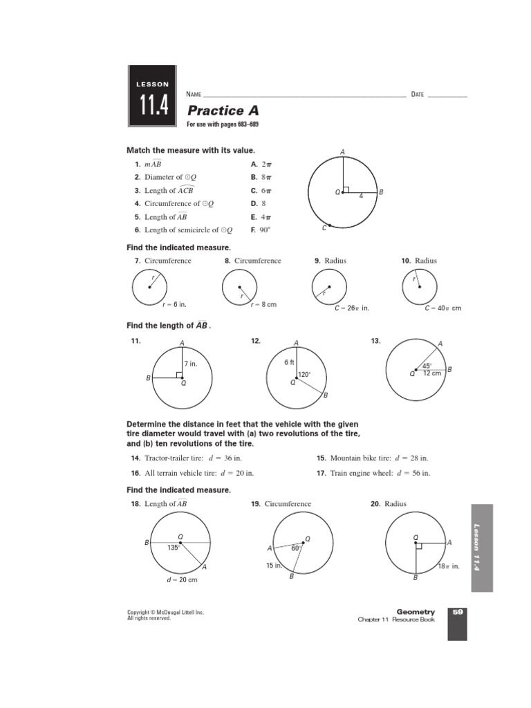 Arc Length Using Degrees Practice 11 4A B May 4th | PDF | Length | Geometry