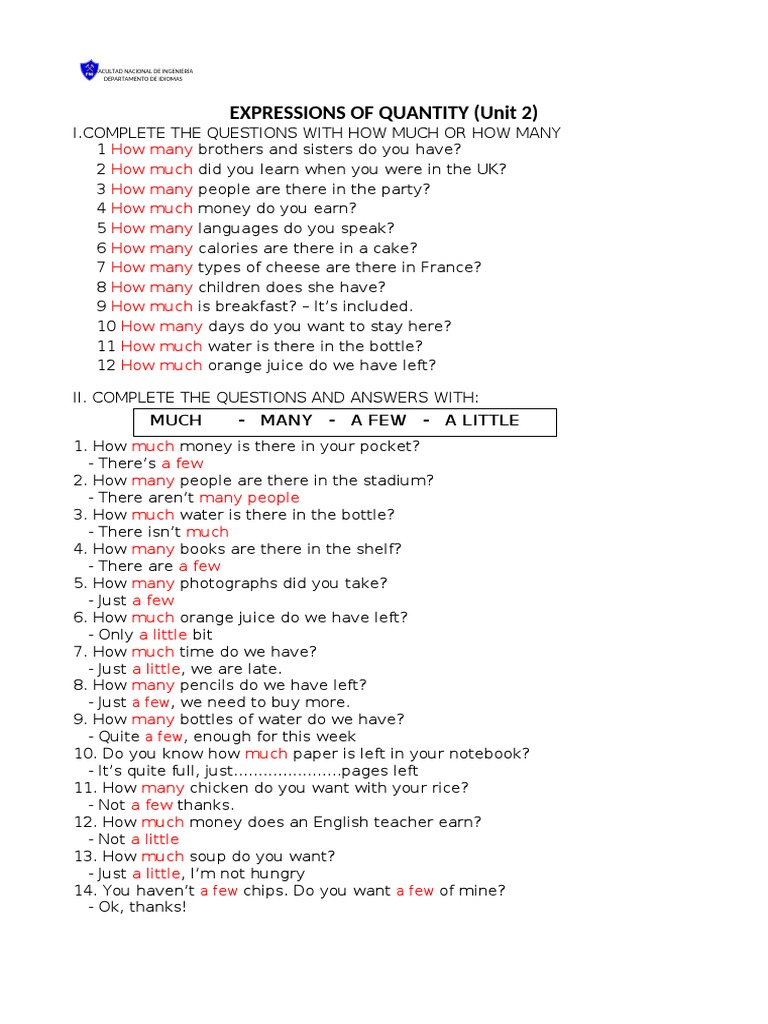 Expressions of Quantity | PDF | Cooking, Food & Wine | Foreign Language ...