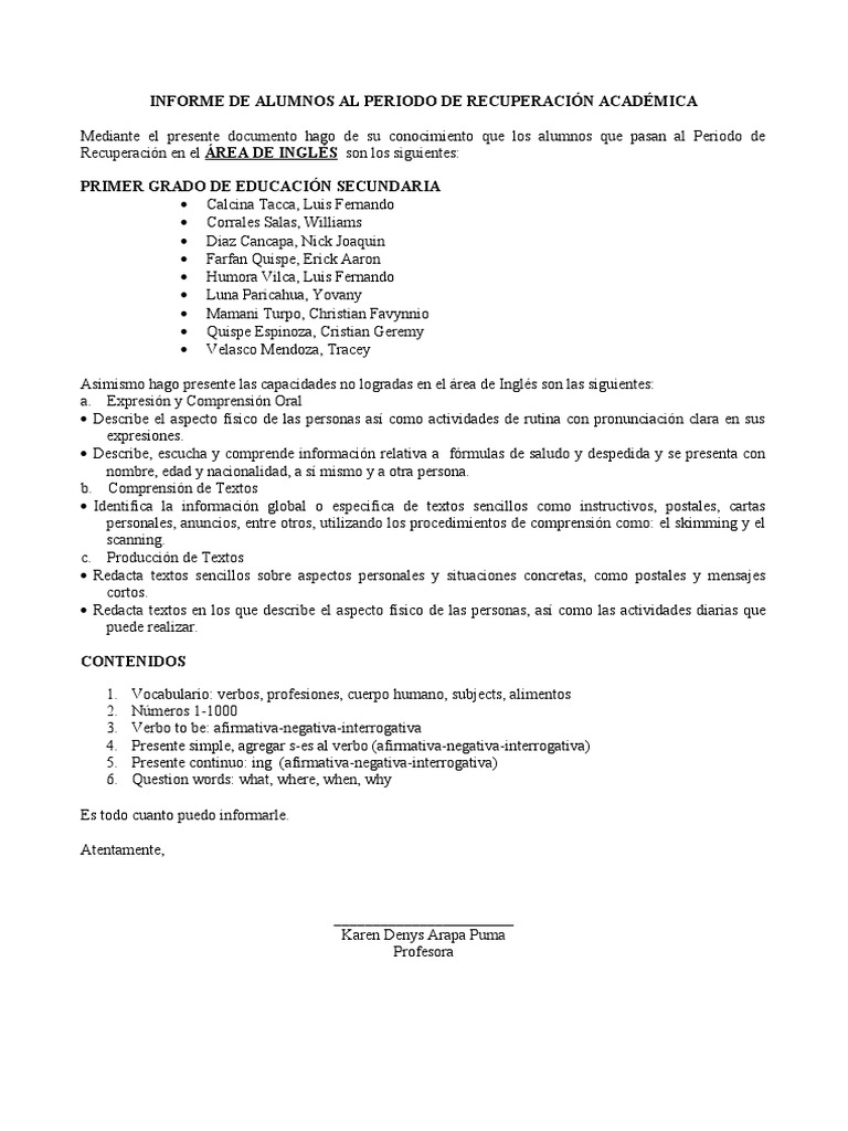 INFORME DE ALUMNOS AL PERIODO DE RECUPERACIÓN ACADÉMICA final