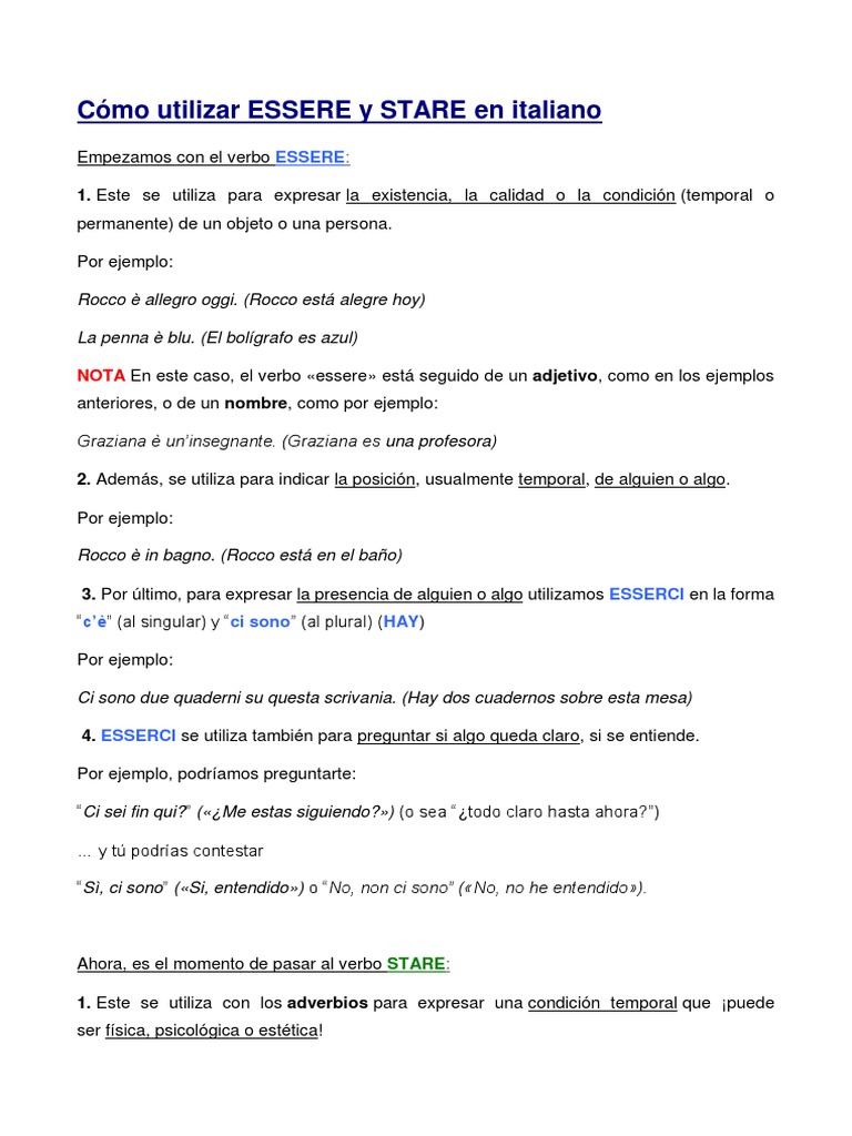 Cómo Utilizar ESSERE y STARE en Italiano | PDF | Relaciones sintácticas ...