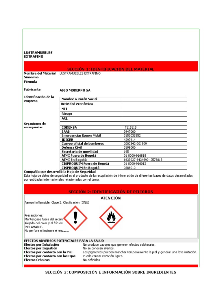 HojaDatosSeguridad LUSTRAMUEBLES EXTRAFINO | PDF | Mercancías peligrosas | Combustión
