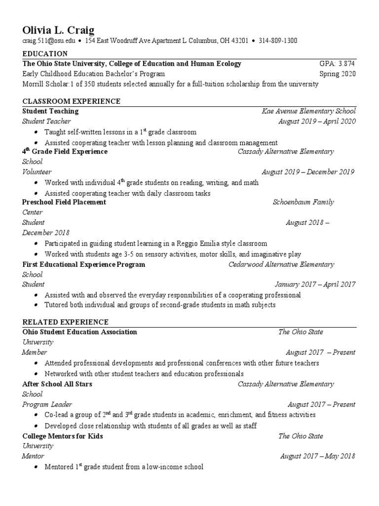 Resume Olivia Craig | PDF | Ohio State University | Classroom