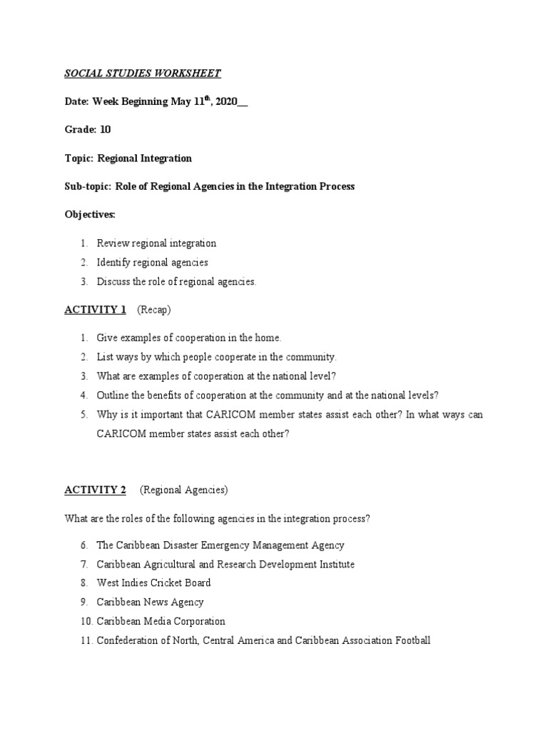 SOCIAL STUDIES Grade 10 Worksheet # 2 2020 | PDF