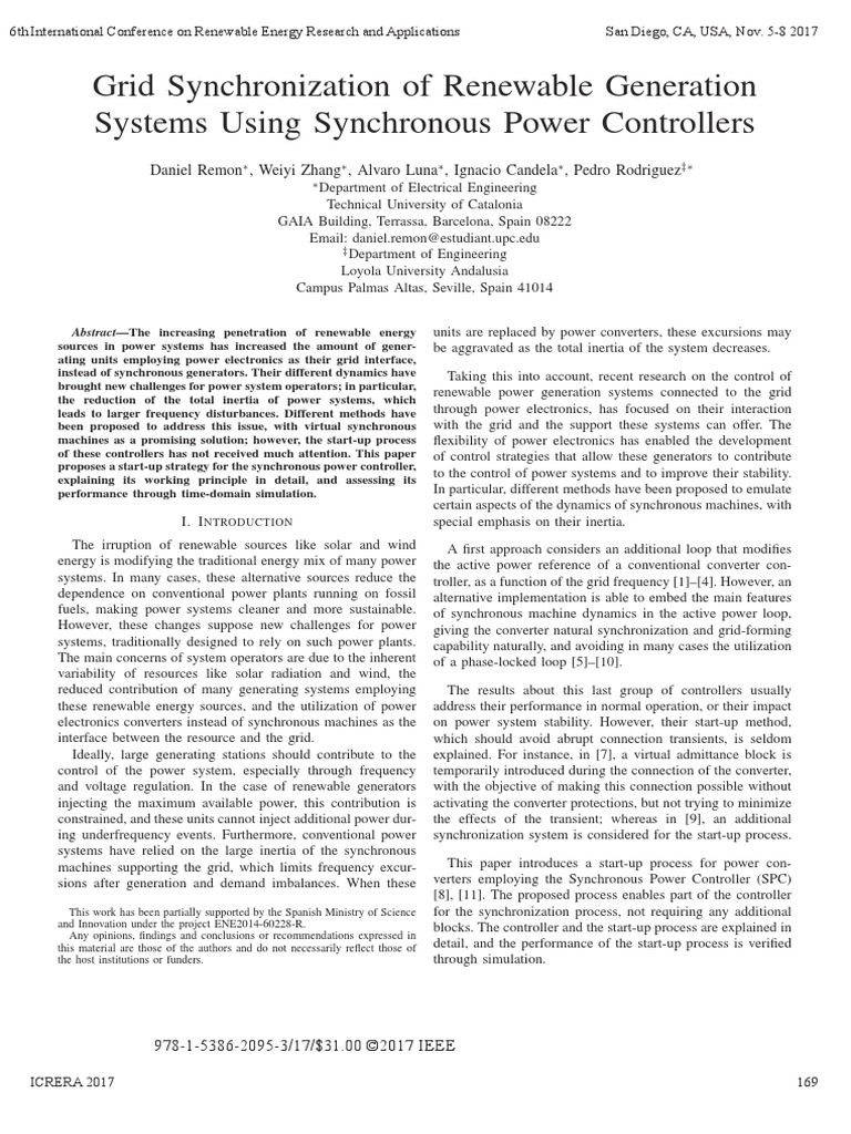 Grid Synchronization of Renewable Generation Systems Using Synchronous Power Controllers | PDF ...