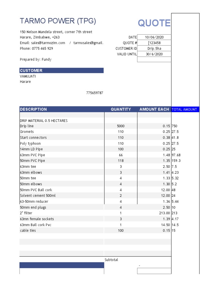 0.5ha Drip (1) Quote | PDF | Worksheet | Spreadsheet