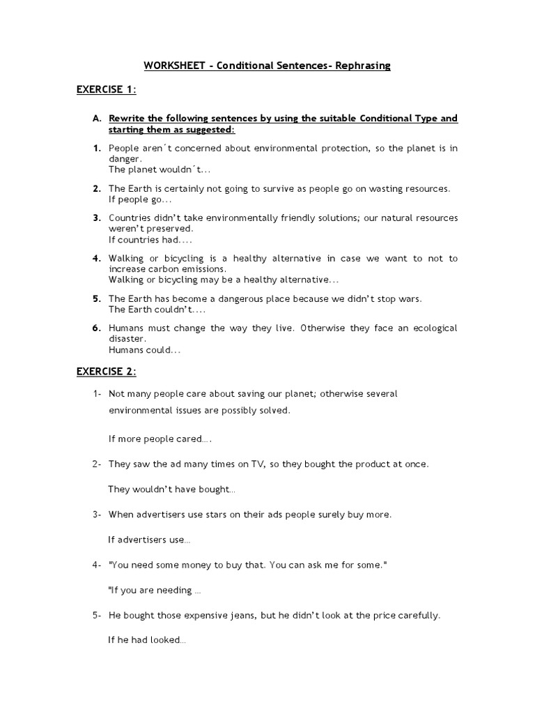 WORKSHEET - Conditional Sentences-Rephrasing Exercise 1 | PDF