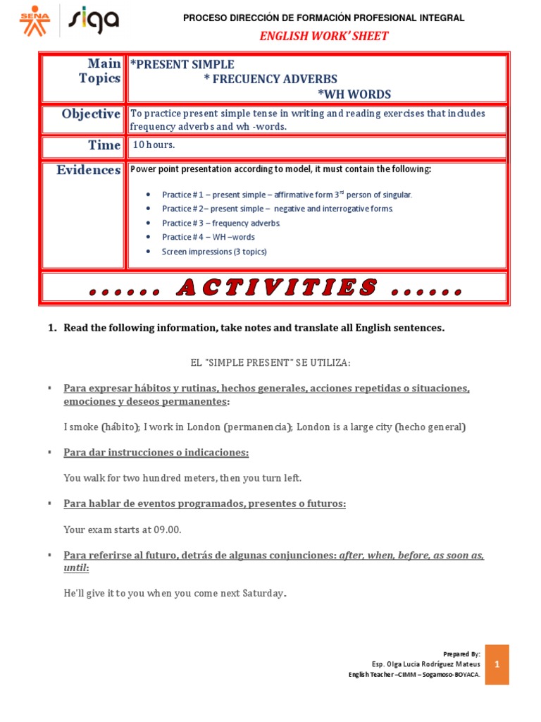 A4 - Present Simple - Frequency Adv - WH Words | PDF | English Language ...