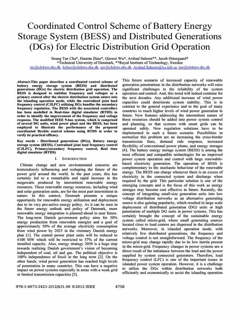 Coordinated Control Scheme of Battery Energy Storage System (Bess) and Distributed Generations ...
