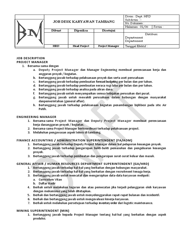 Job Desk Karyawan Tambang | PDF