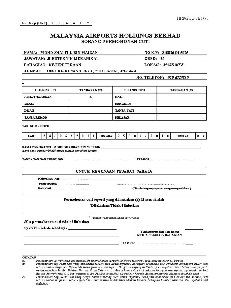 Borang Cuti | PDF