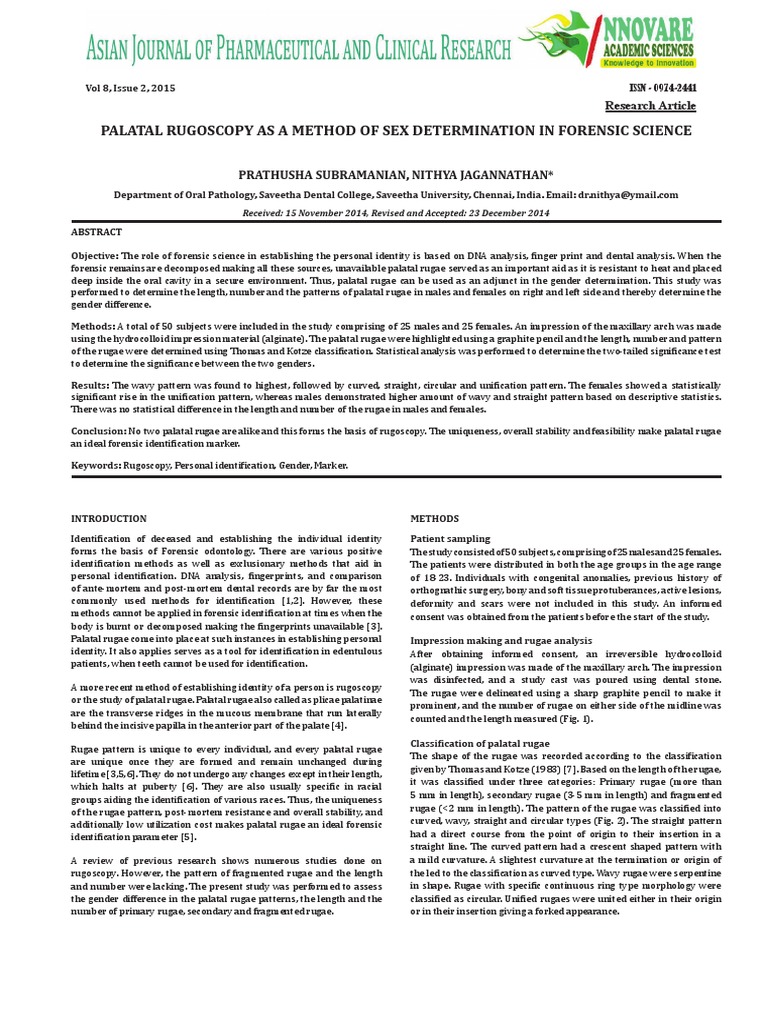 Palatal Rugoscopy As A Method of Sex Determination in Forensic Science ...