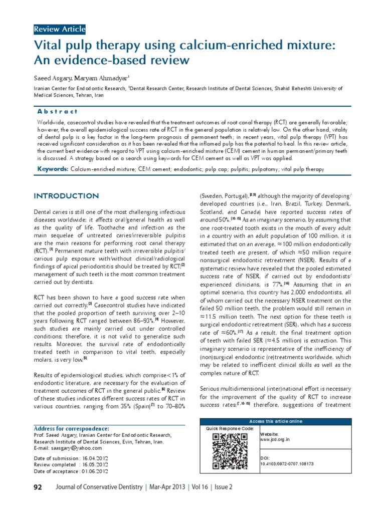 Vital Pulp Therapy Using Calcium-Enriched Mixture An Evidence-Based ...