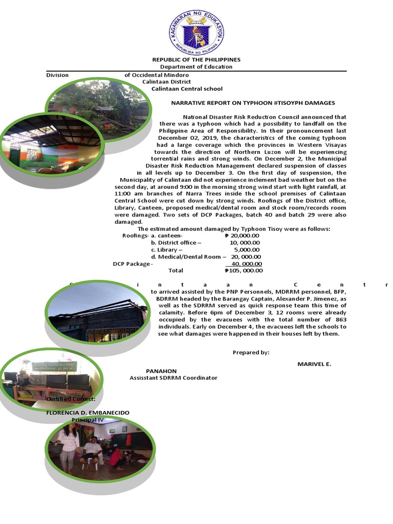 Narrative Report On Typhoon Tisoy Damages at Calintaan Central School ...