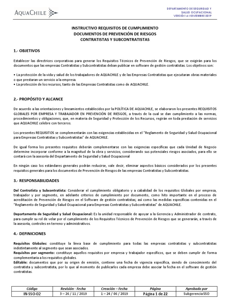 Requisitos de cumplimiento para documentos de prevención de riesgos de contratistas y ...