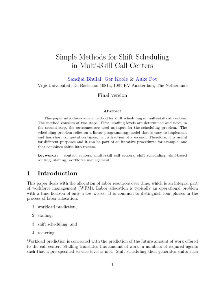 Simple Methods For Shift Scheduling In Multi Skill Call Centers Pdf Scheduling Production 