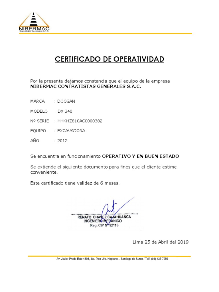 Certificado de Operatividad Exca Doosan 340 | PDF