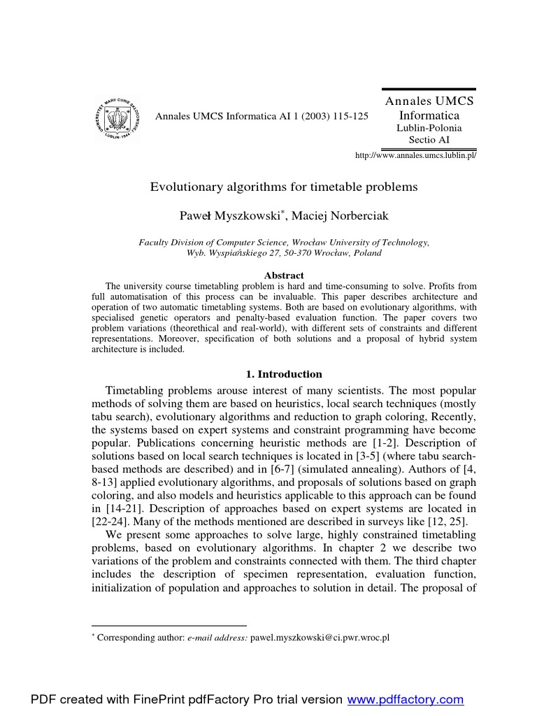 Evolutionary Algorithms For Timetable Problems | PDF | Mathematical Optimization | Natural Selection