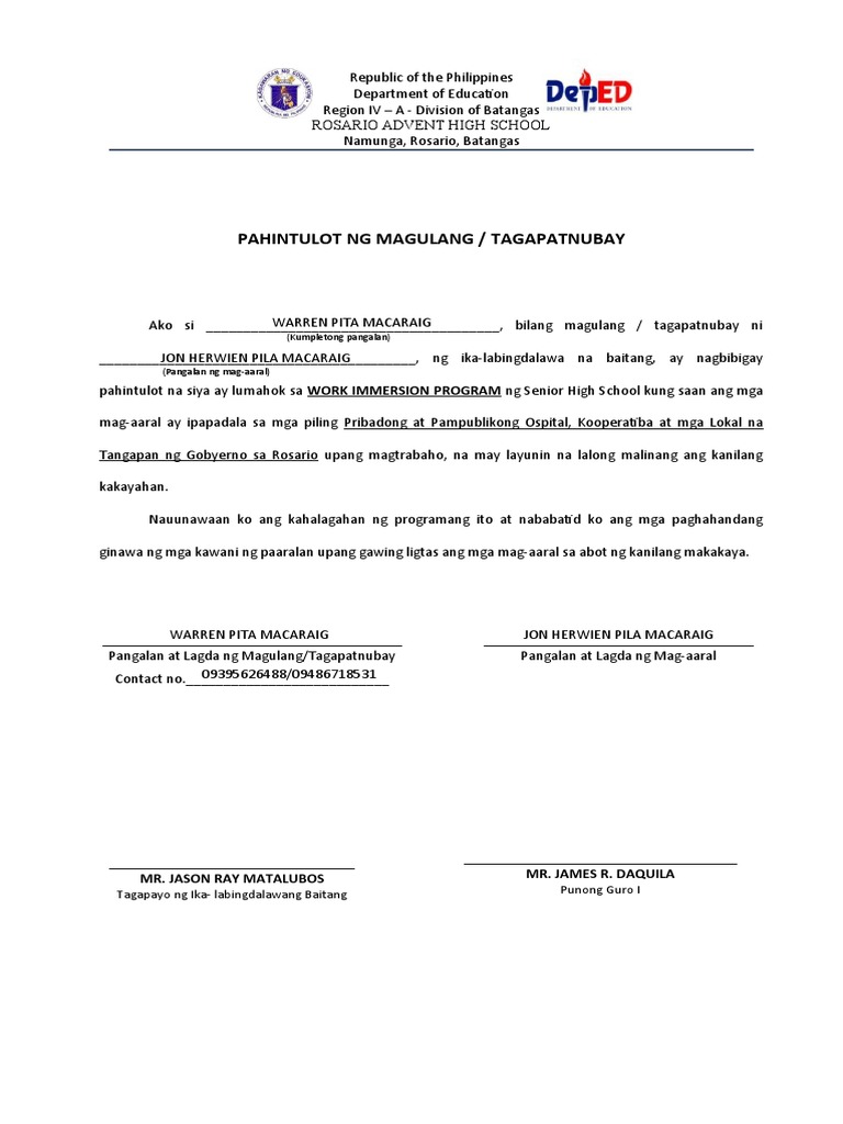 Work Immersion Parent Consent | PDF